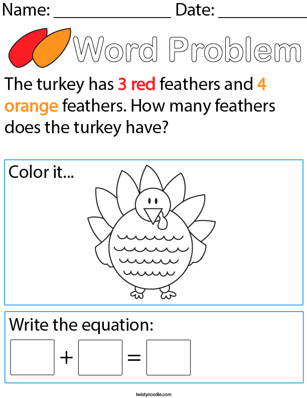 Turkey Addition Word Problem Math Worksheet - Twisty Noodle